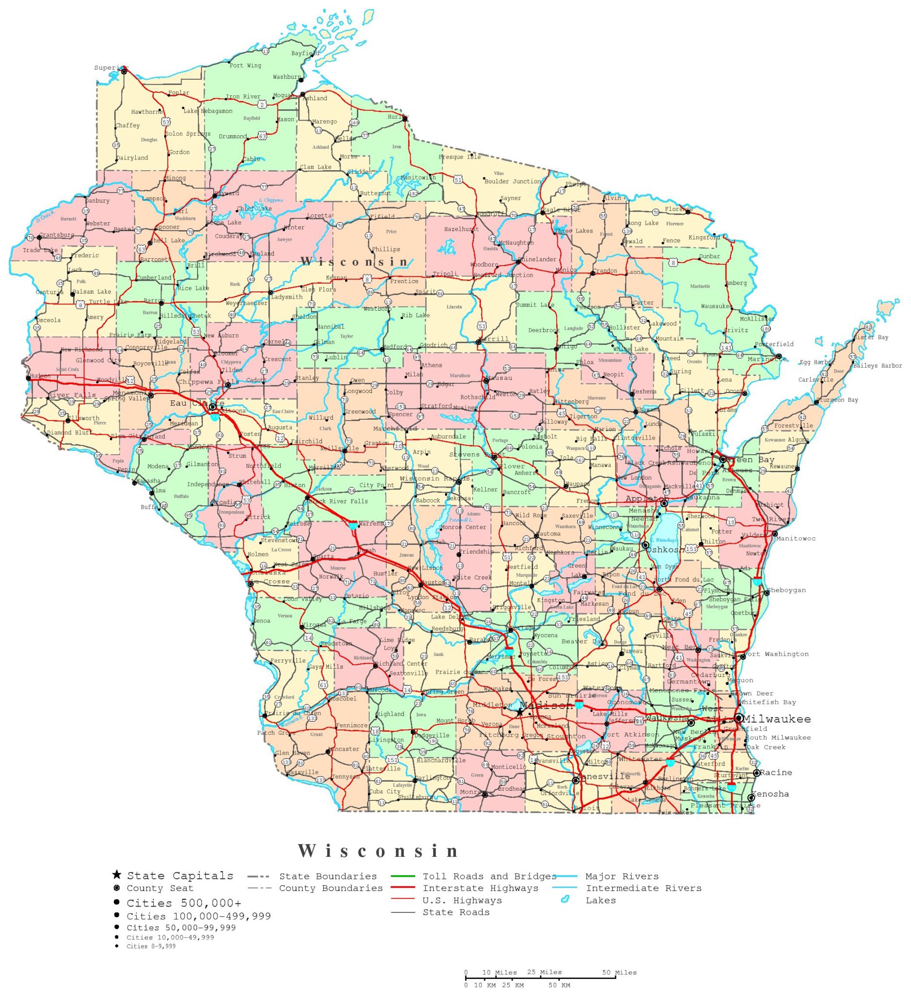 8 Free Printable Map Of Wisconsin With Cities PDF Download