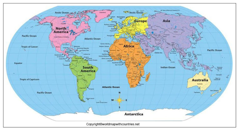 World Map With Countries | 4 Free Printable Continents And Sea Maps